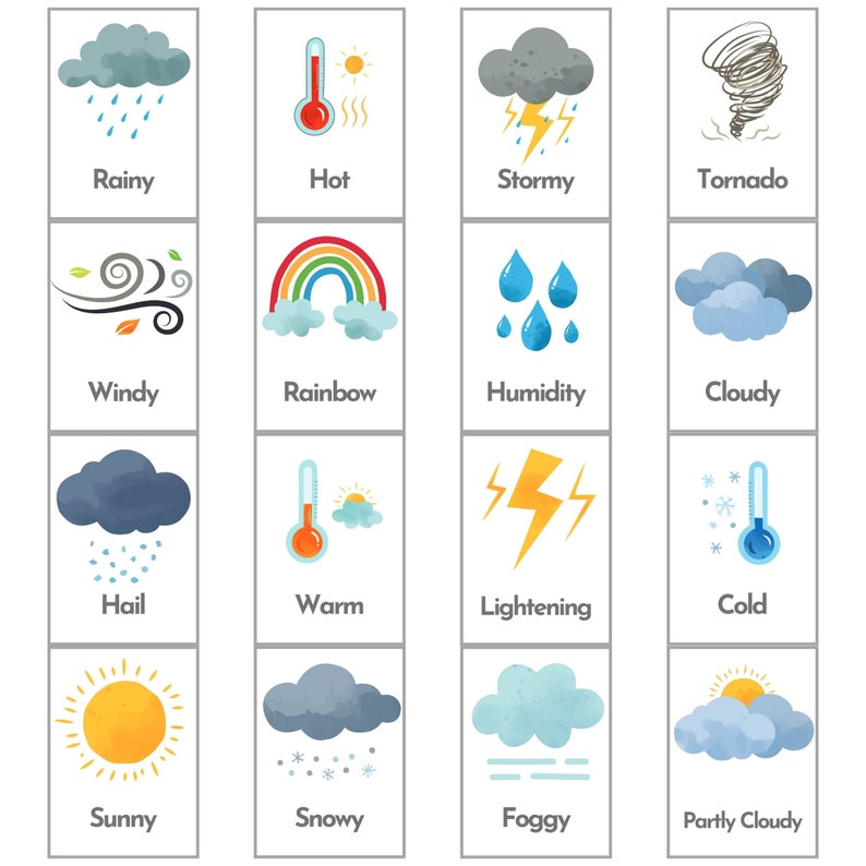 Flashcards for Kids Weather, Homeschool Education Flash Cards, 16 ...