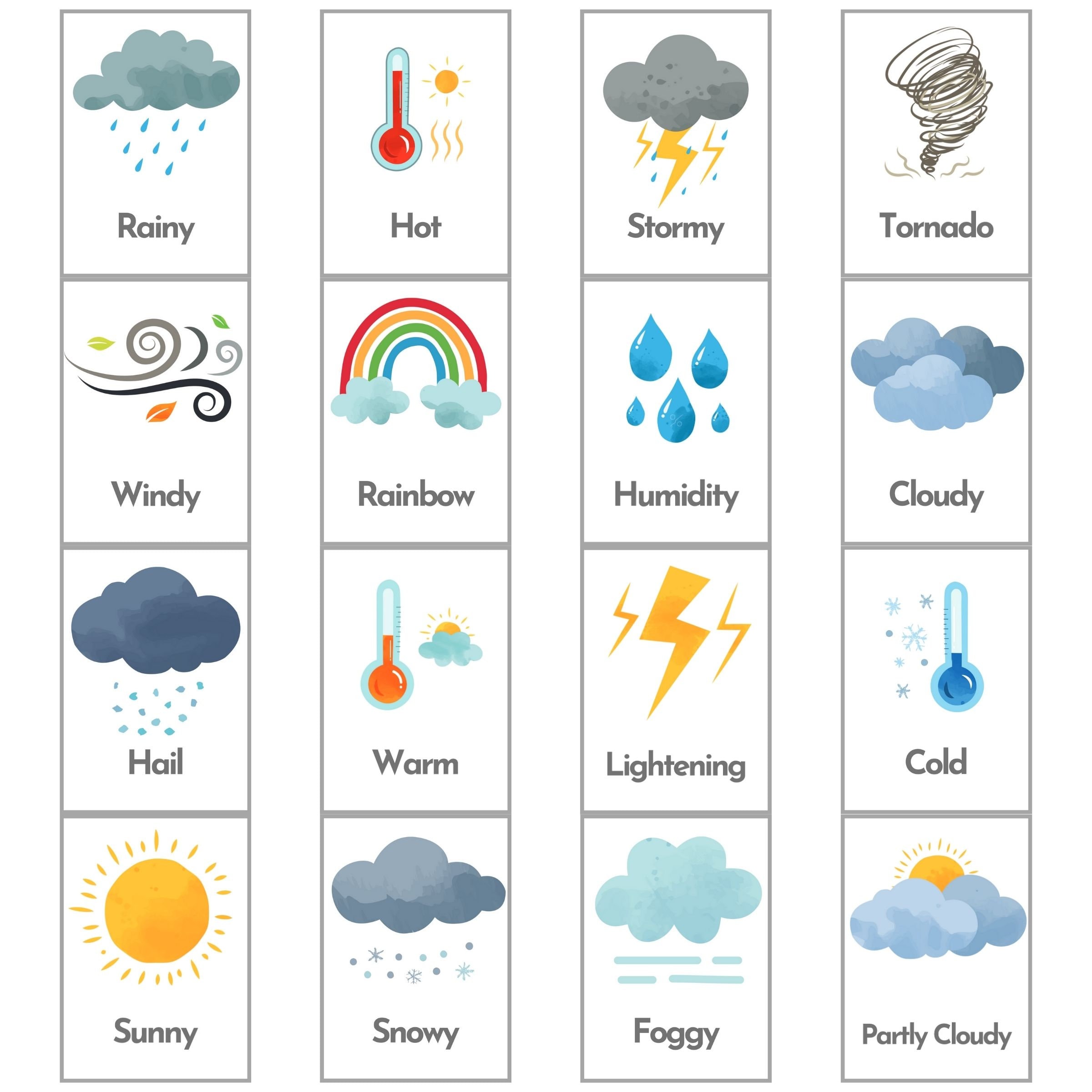 Weather Flashcards for Kids, Homeschool Education Flash Cards, 16 ...