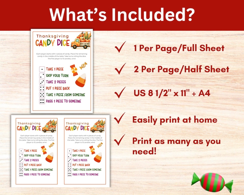 Candy Dice Game Printable Thanksgiving, Friendsgiving Dinner Fun ...