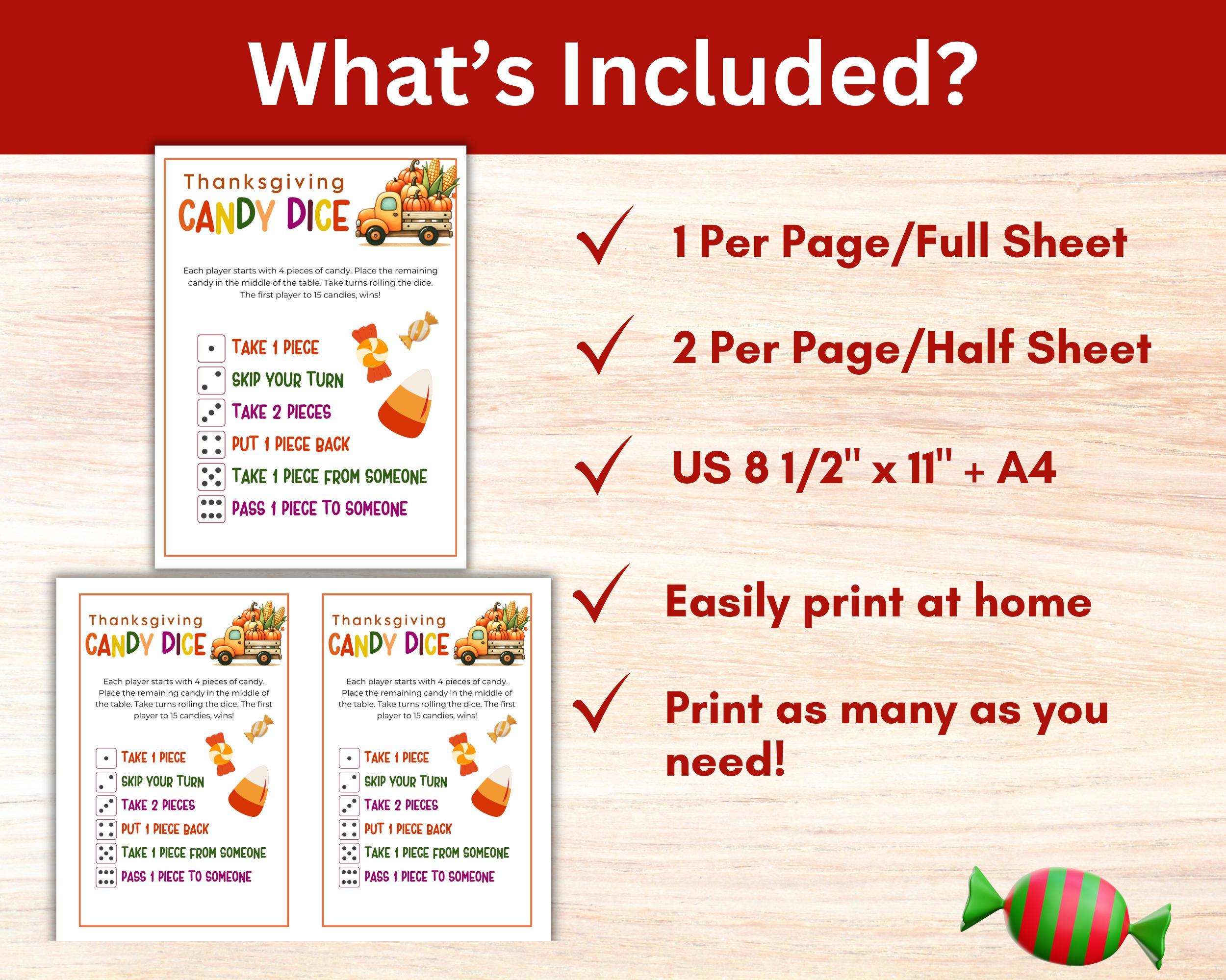 Candy Dice Game Printable Thanksgiving, Friendsgiving Dinner Fun ...