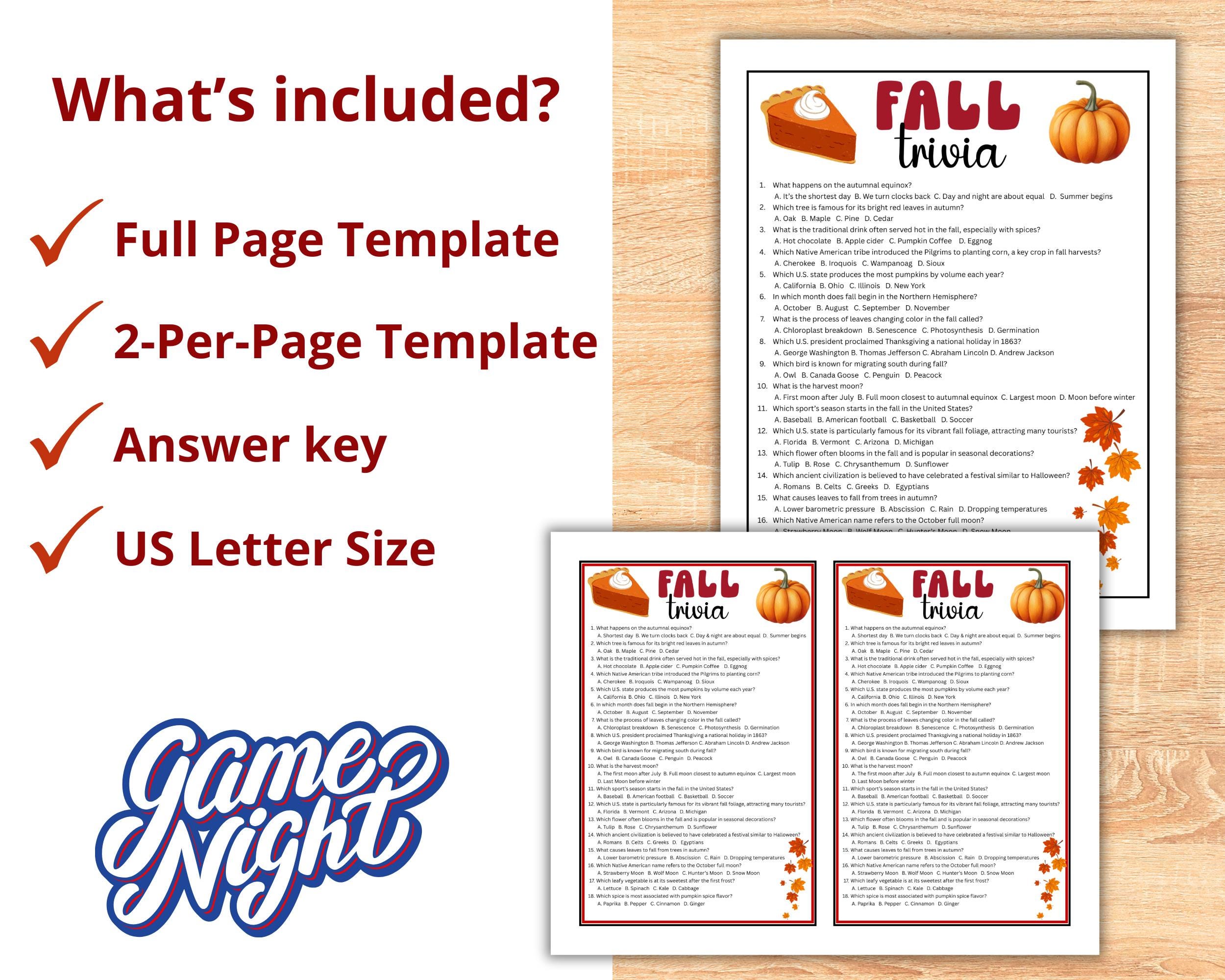 FALL Trivia Quiz Game Printable, With Answers, Autumn Harvest Festival ...