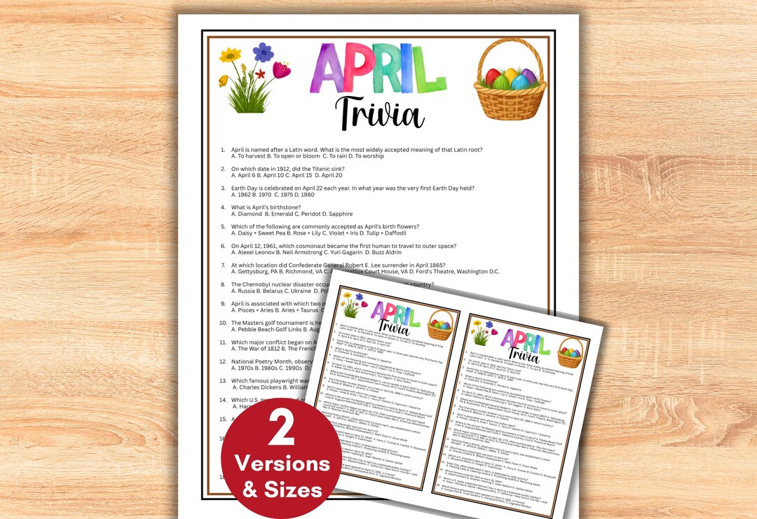 APRIL Trivia Game Quiz Printable With Answers, Spring Season Game Night ...