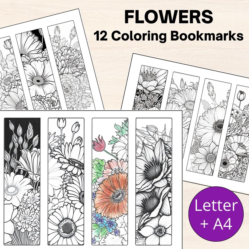 Coloring Bookmarks Printable FLOWERS, 12 Floral Coloring Bookmarks Page ...