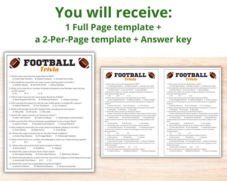 Football TRIVIA Game Printable, American Pro Football Fantasy Party ...