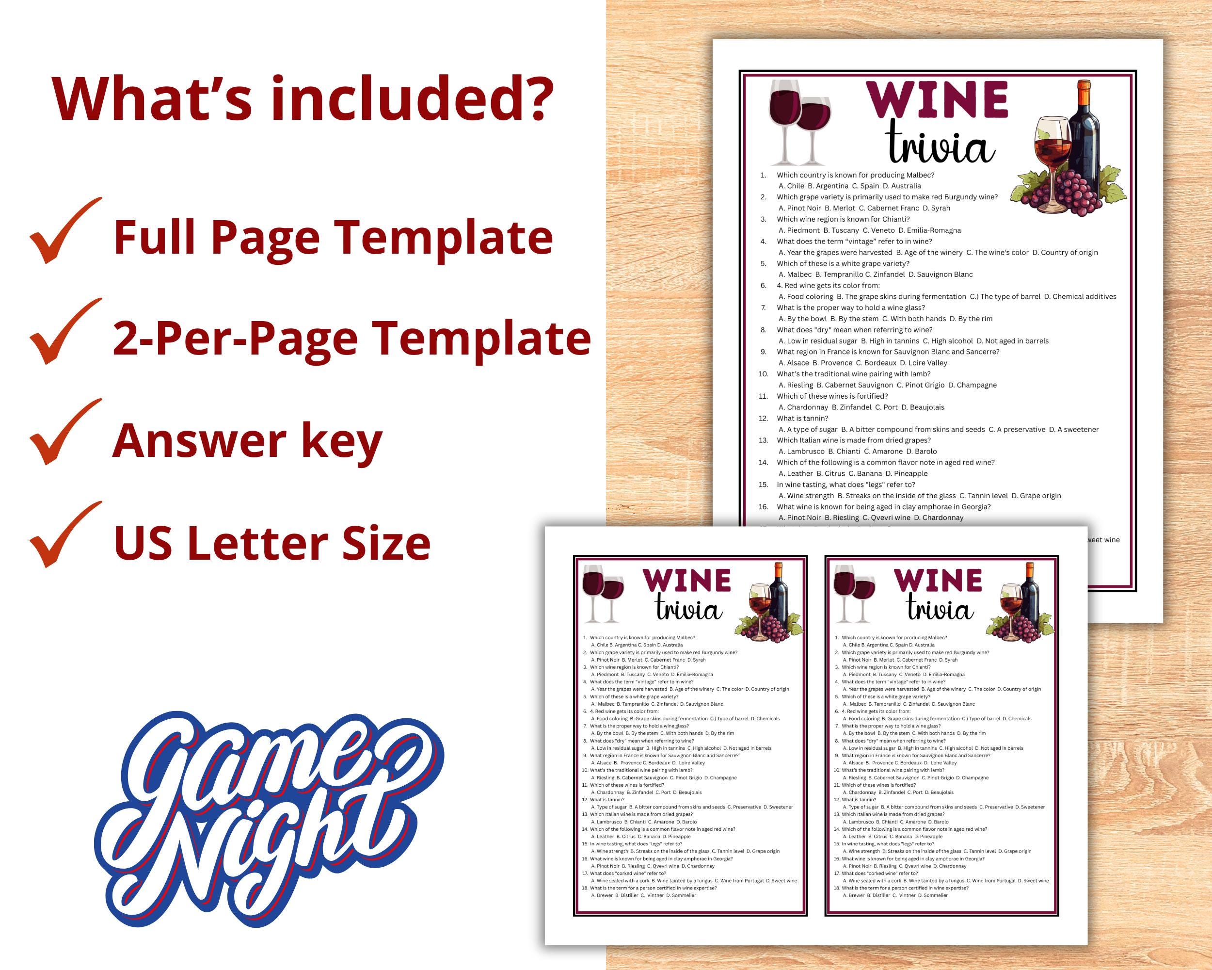 Wine Trivia Quiz Game Printable, Questions and Answers, Pop Culture ...