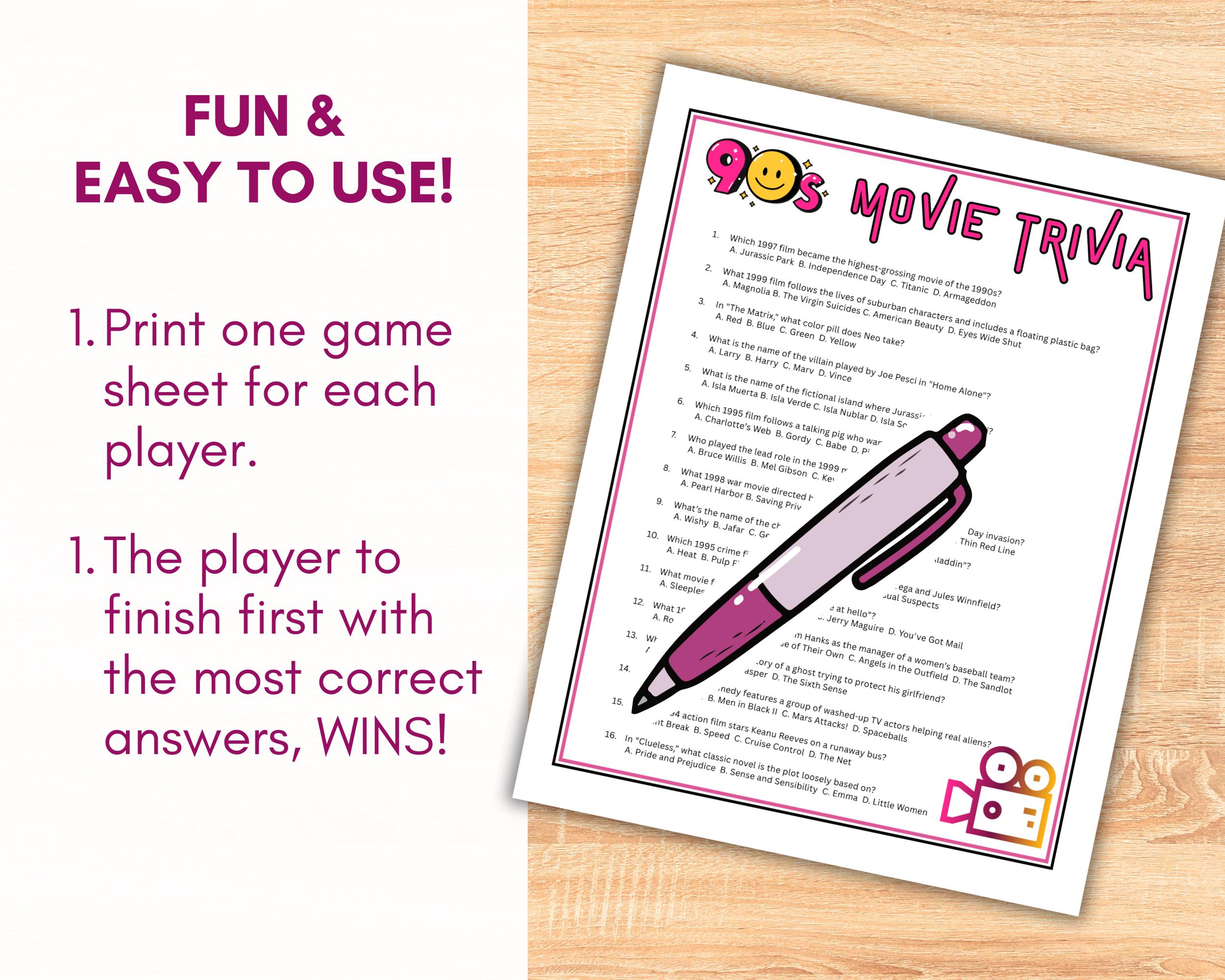 90s Movie Trivia Quiz Game Printable With Answers, 1990s Popular Movies ...