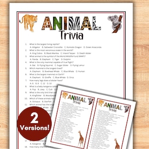 Animal Trivia Quiz Game Printable With Answers, Family Game Night, Pop ...