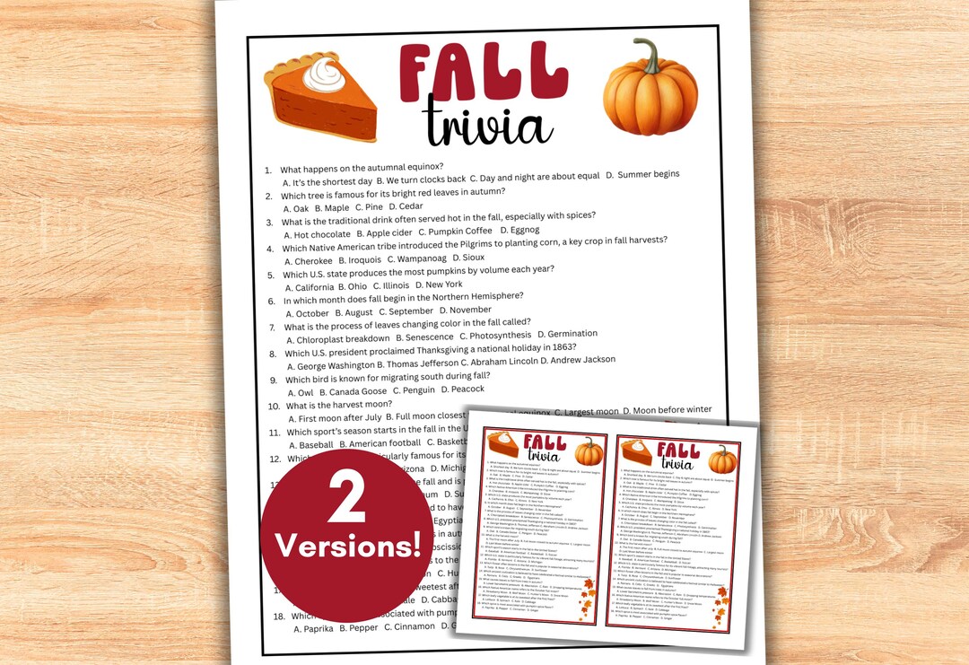 FALL Trivia Quiz Game Printable, With Answers, Autumn Harvest Festival ...