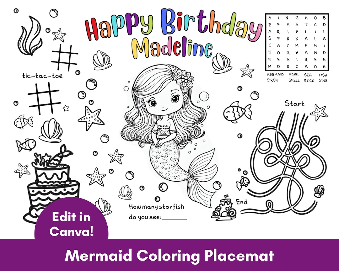 Mermaid Coloring Placemat for Kids Birthday Party, Editable Color Games ...