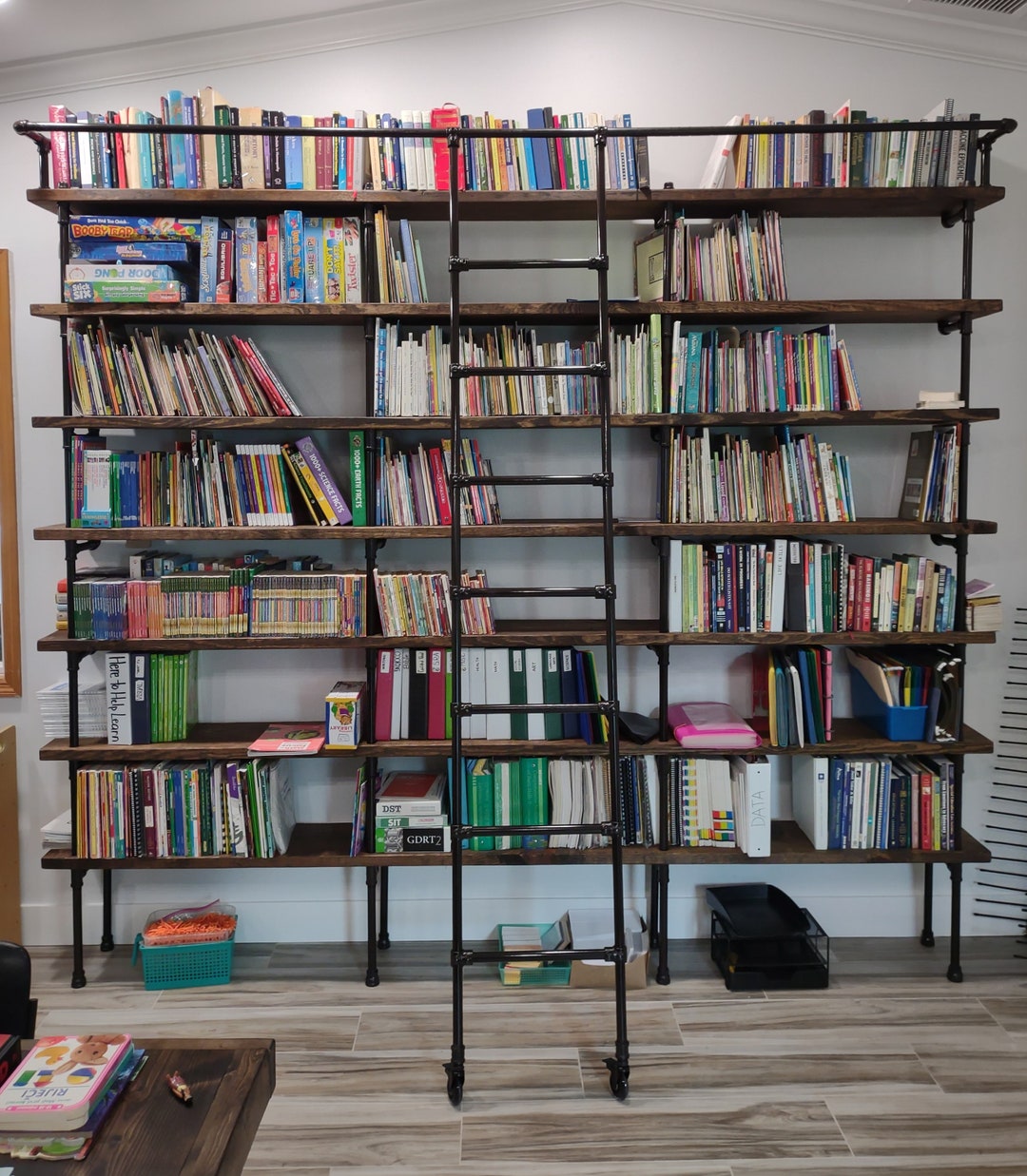 Rustic Bookcase, With Ladder, Modern Shelve, Iron Pipe Shelf ...