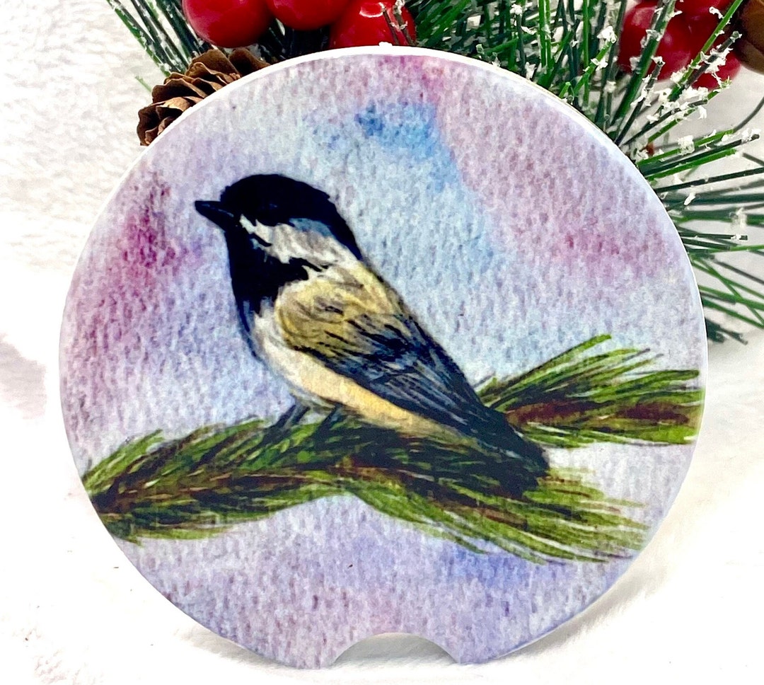 Black Capped Chickadee, Ceramic Car Coaster, Sublimation of Original ...