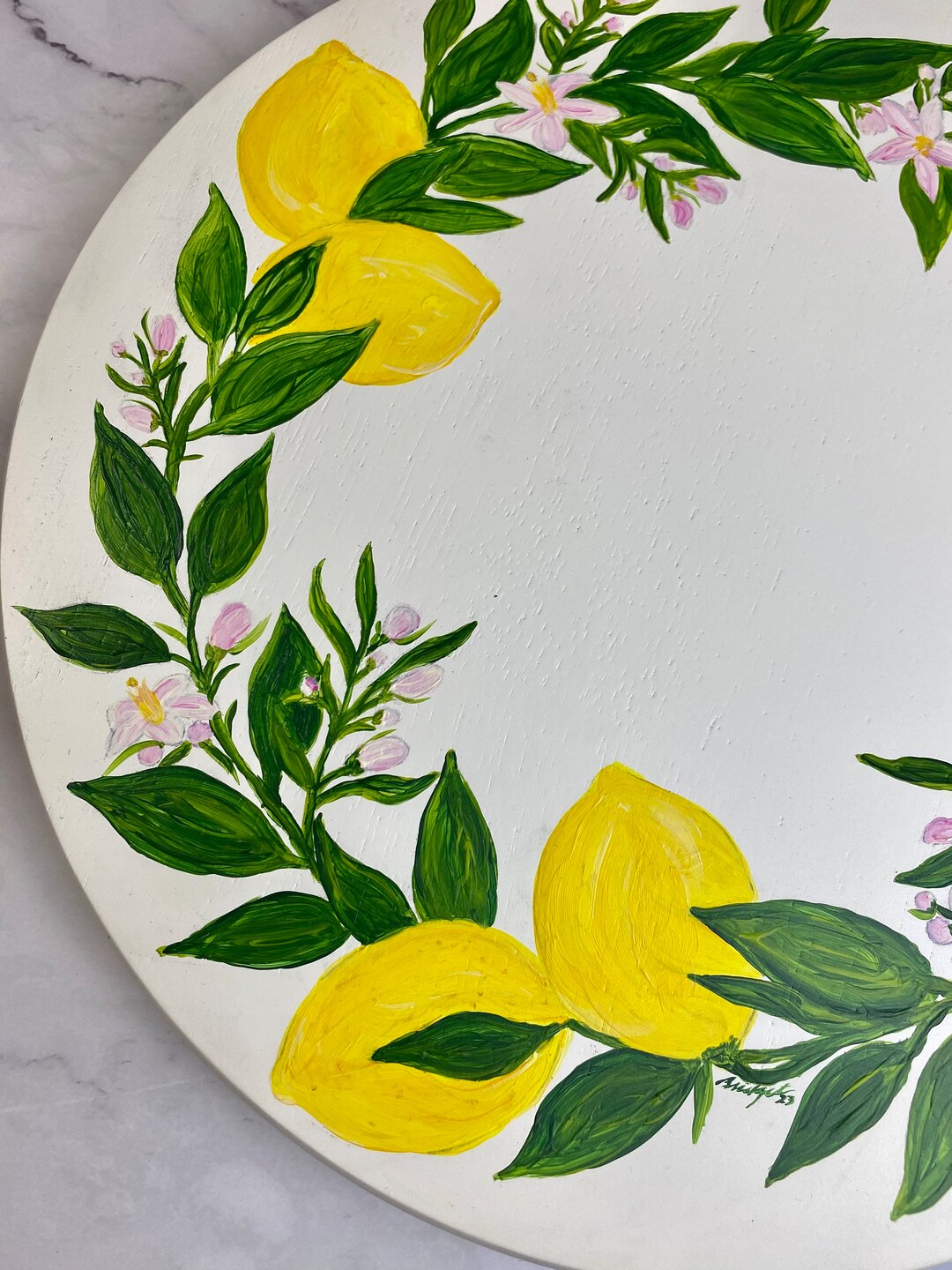 Lazy Susan 13”, Lemons and Blossoms, White Painted Wood, Embellished ...