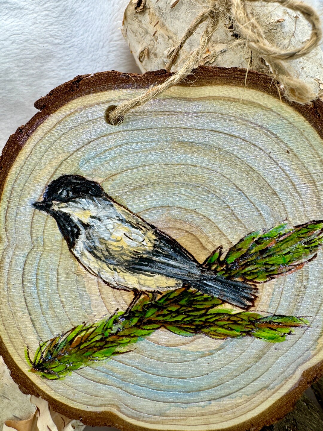 Black Capped Chickadee Rustic Wood Slice Christmas Tree Ornament Hand ...