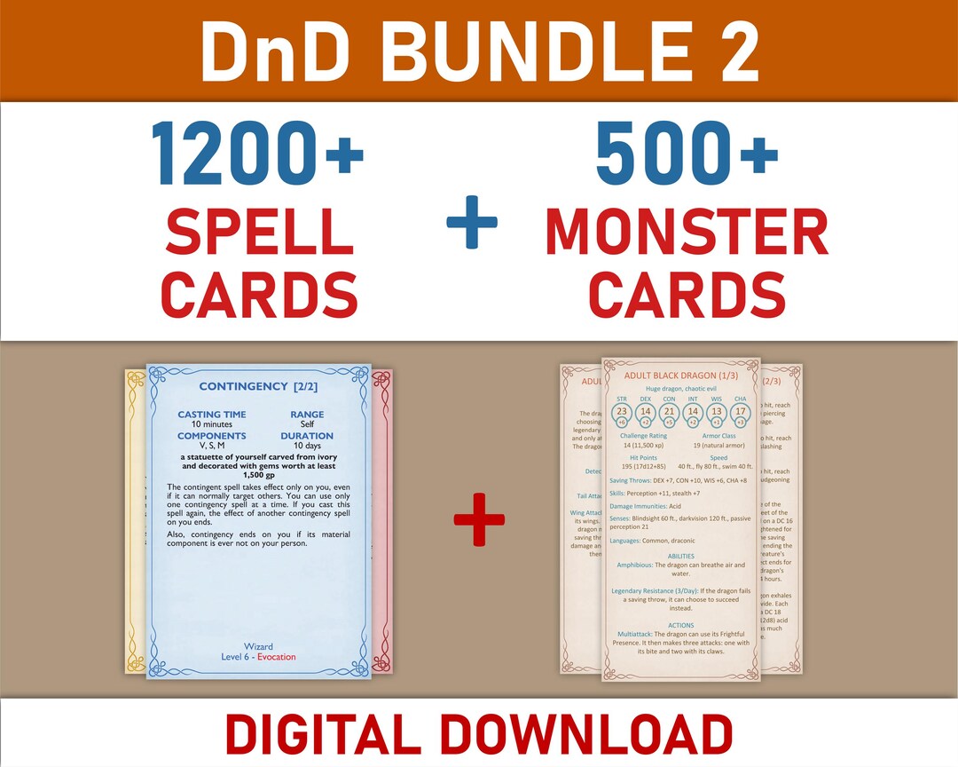 Dnd Spell & Monster Cards Bundle: Printable Cards (digital Download) - Etsy