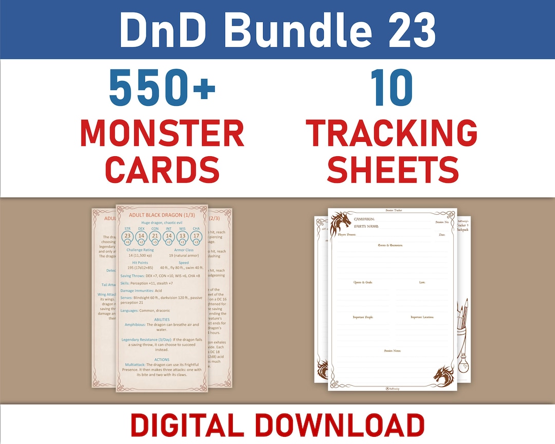 Dnd Monster Cards Digital Download, Printable Dnd Monster Cards Bundle, Dnd Printable Tracking ...