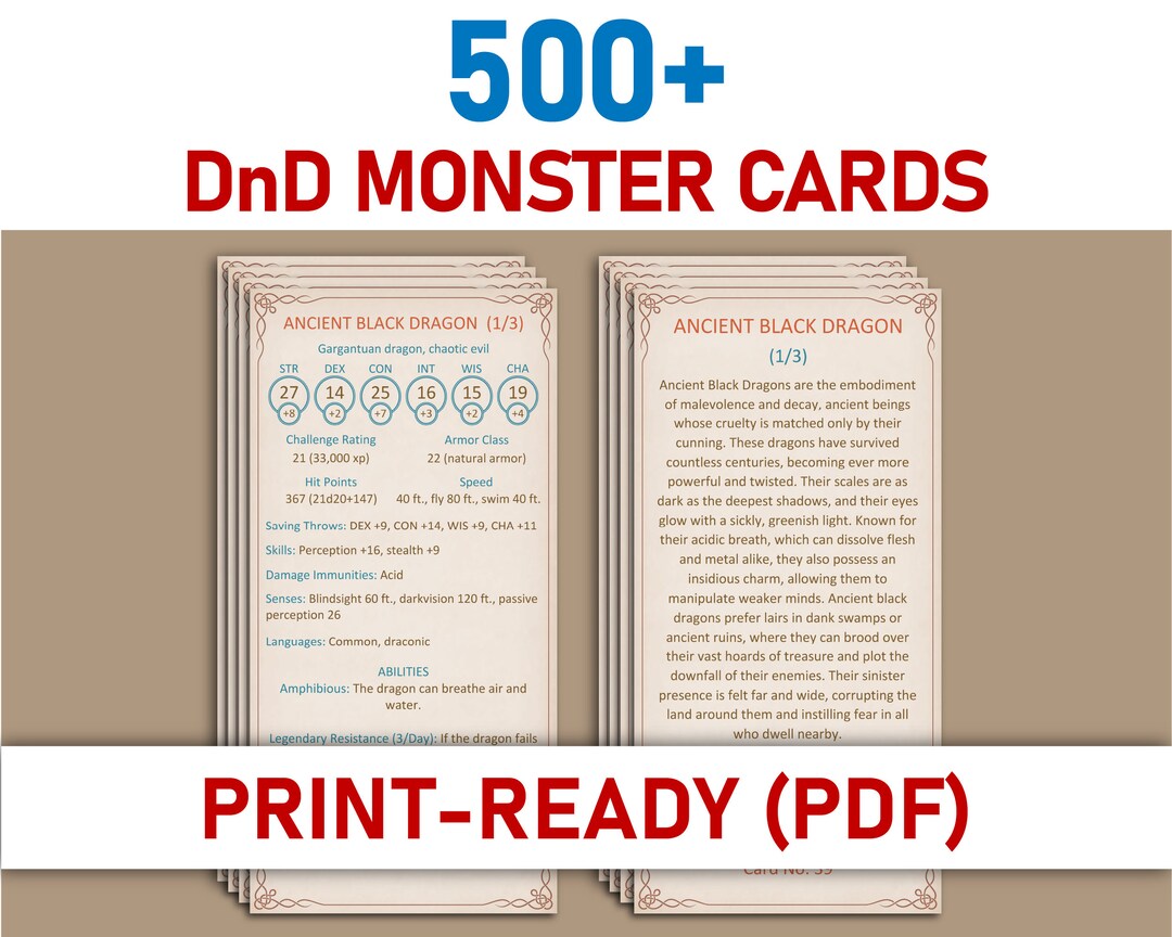 Dnd Monster Cards Digital Download, Printable Dnd Monster Cards Bundle ...