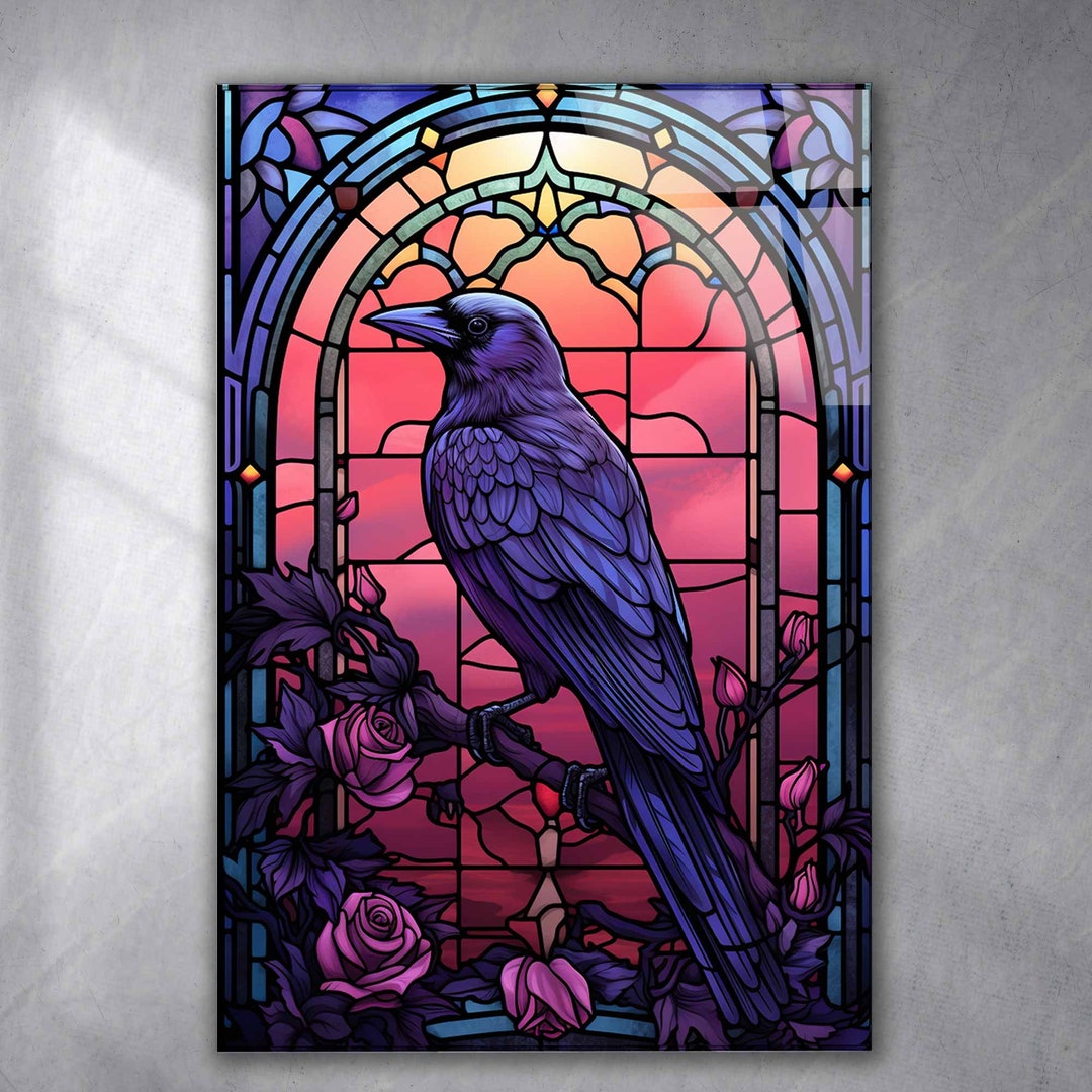 Stained Glass Painting Tempered Glass Wall Art Crow Raven, Stained ...