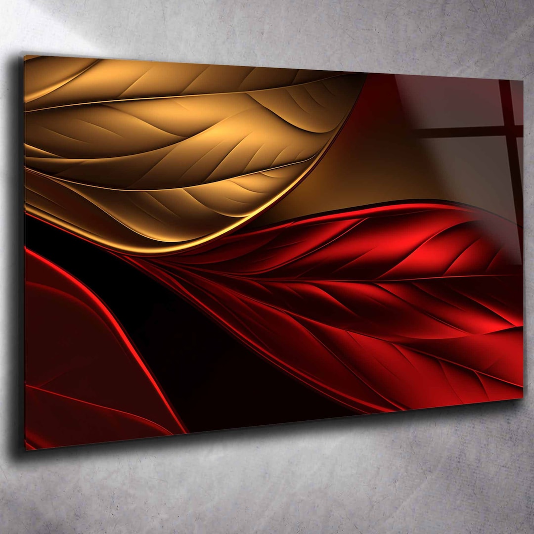Abstract Gold & Red Tempered Glass Wall Art: Modern Panoramic Decor - Etsy