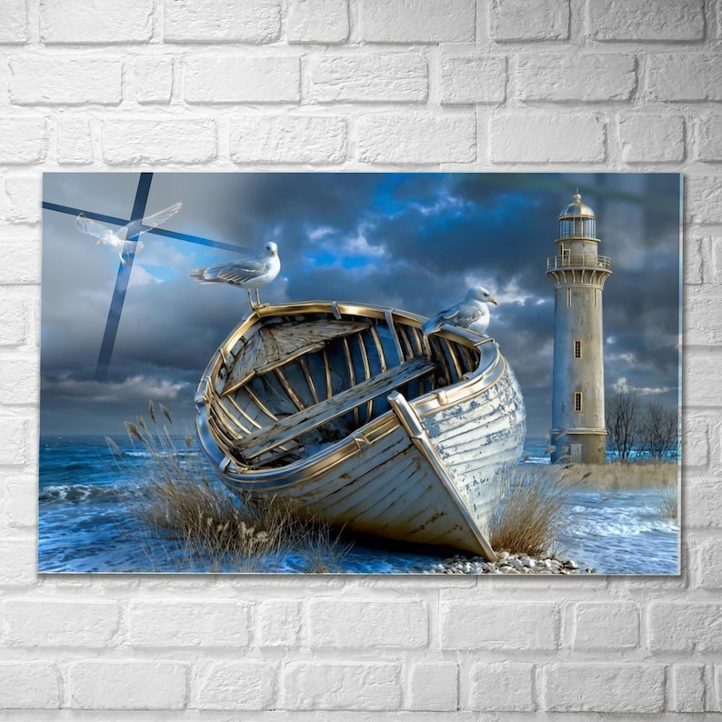 Tempered Glass Wall Art Extra Large Coastal Wall Art Lighthouse Boat ...