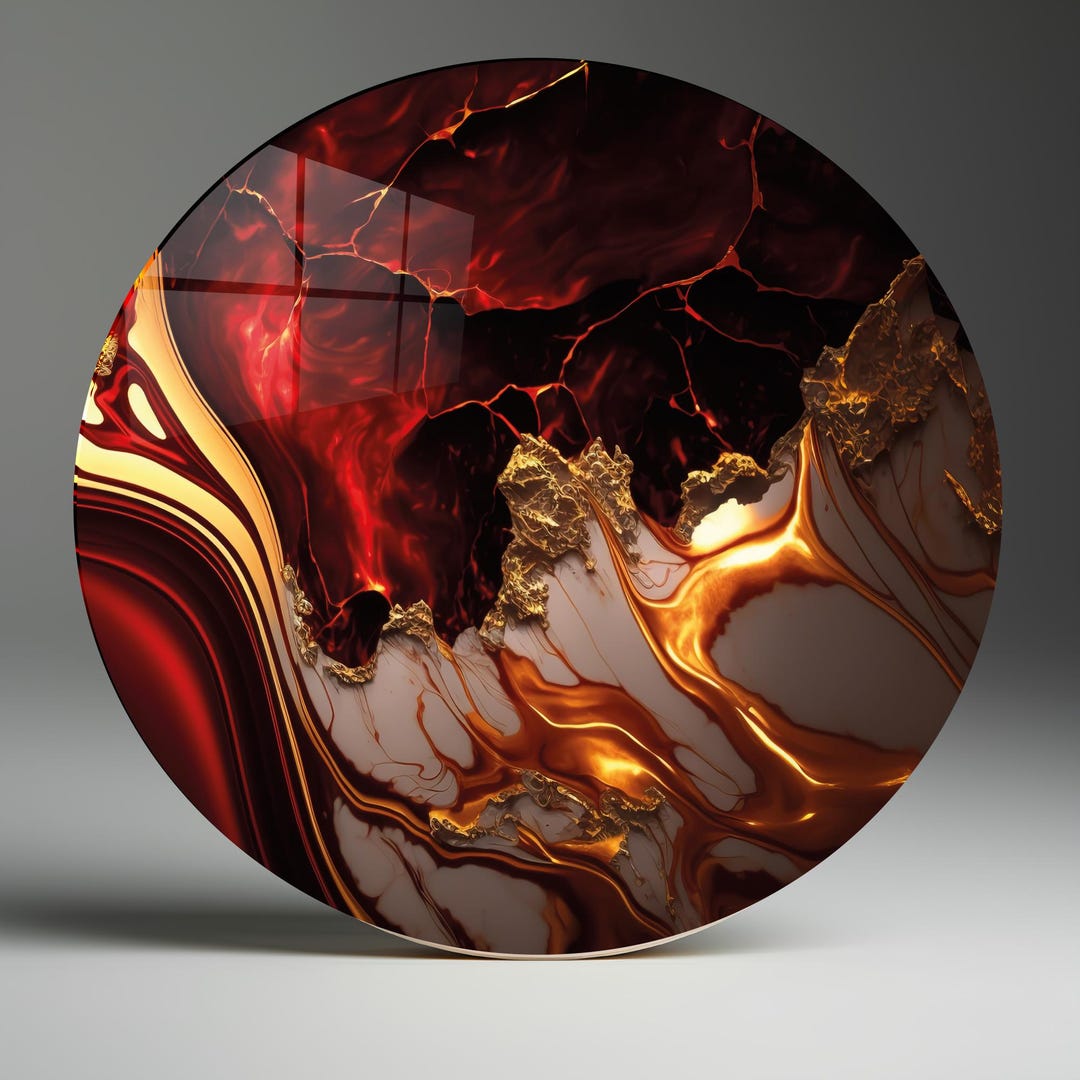 Abstract Red and Gold Glass Wall Art, Round Marble Design (28