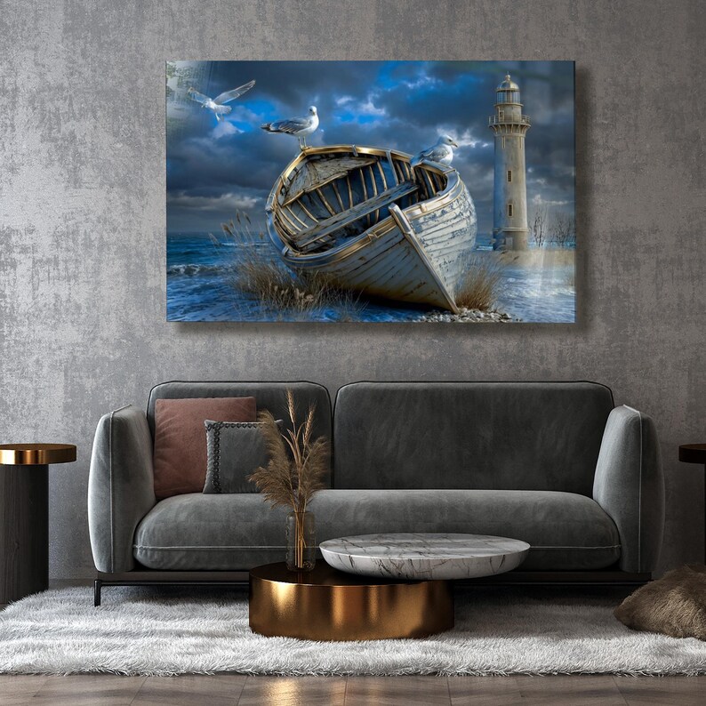Tempered Glass Wall Art Extra Large Coastal Wall Art Lighthouse Boat ...