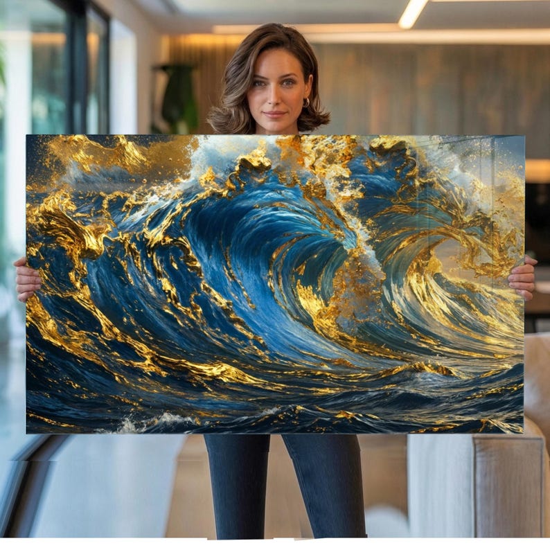 Ocean Gold Wave Tempered Glass Wall Clock, Beach Coastal Art - Etsy