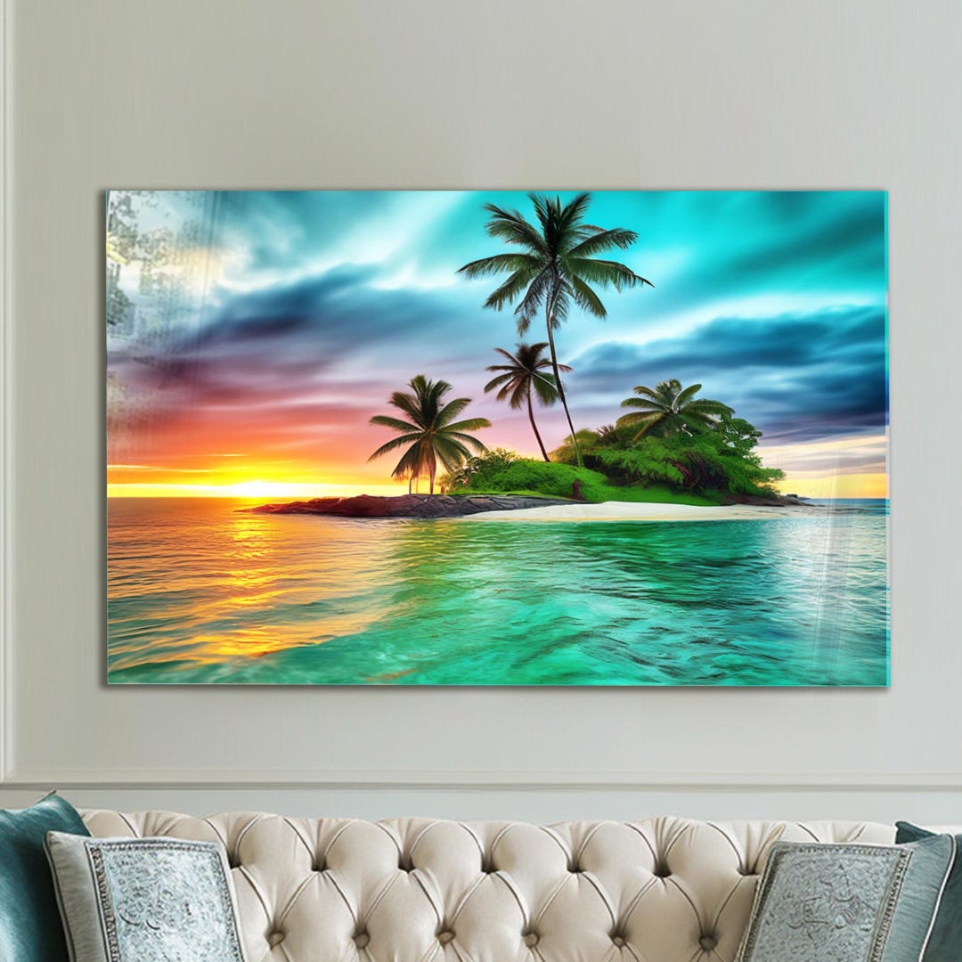 Extra Large Tropical Island Sunset Tempered Glass Wall Art - Ocean ...