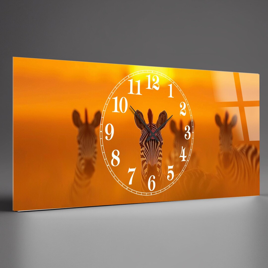 Zebra Safari Tempered Glass Wall Clock,orange Wildlife Art on Glass ...