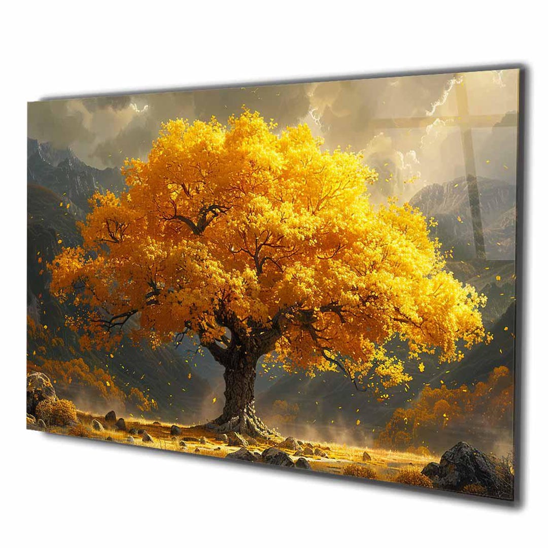 Yellow Tree of Life Tempered Glass Wall Art , Panoramic Wall Art ...
