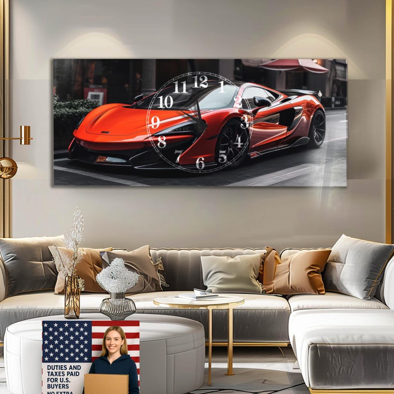 Oversized Tempered Glass Wall Clock – Red Racing Car Speed Art – Modern ...