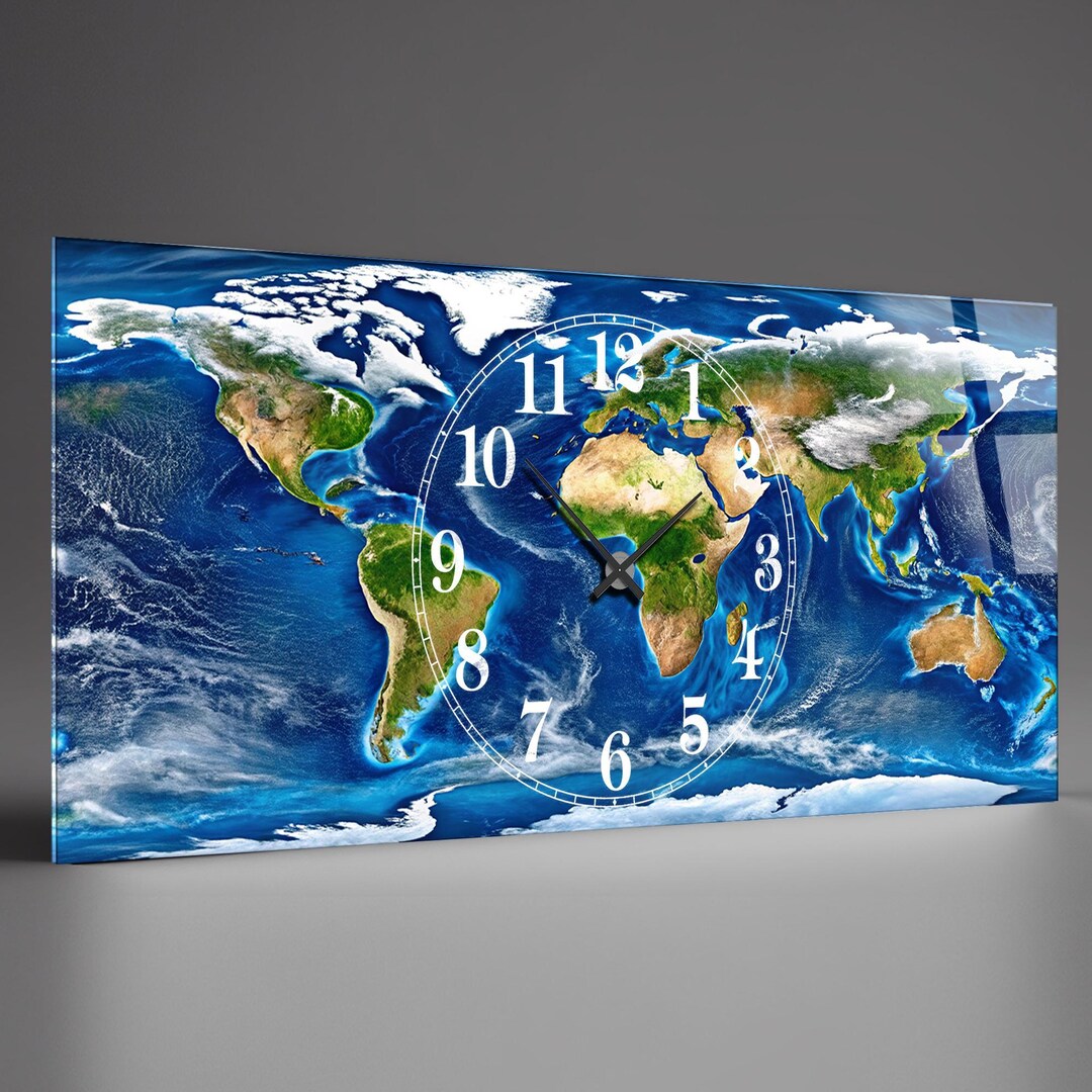 Oversized World Map Wall Clock, Tempered Glass Art (20"x43") - Etsy