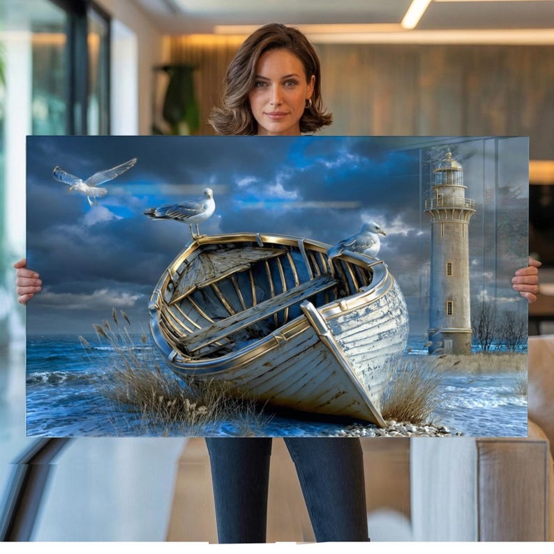 Tempered Glass Wall Art Extra Large Coastal Wall Art Lighthouse Boat ...
