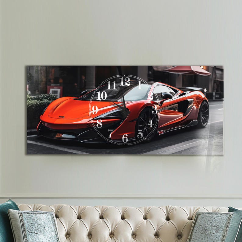 Oversized Tempered Glass Wall Clock – Red Racing Car Speed Art – Modern ...
