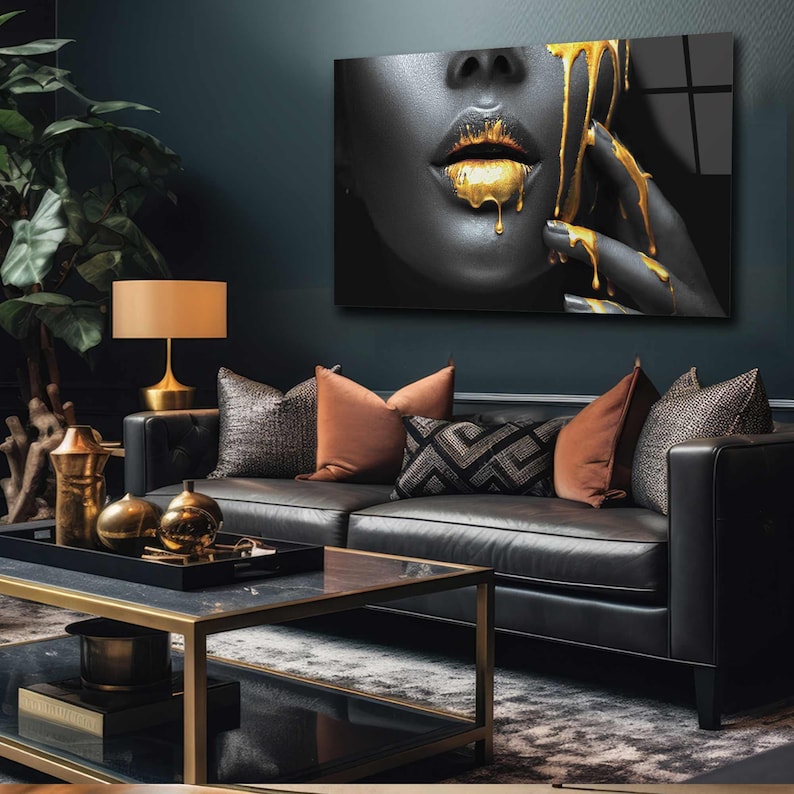 Abstract Woman Gold Lips Tempered Glass Wall Art: Modern Home Decor - Etsy
