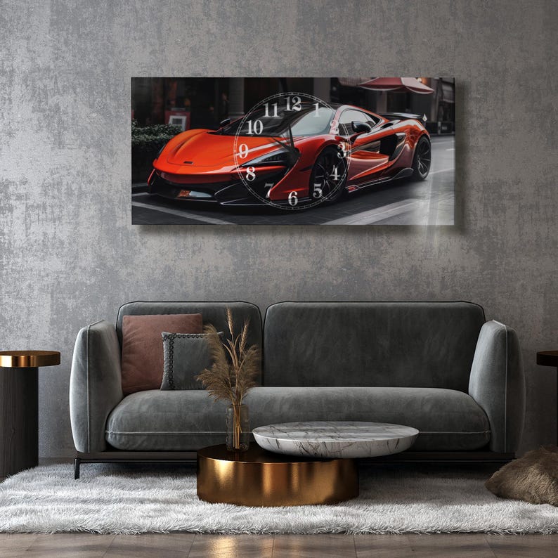 Oversized Tempered Glass Wall Clock – Red Racing Car Speed Art – Modern ...