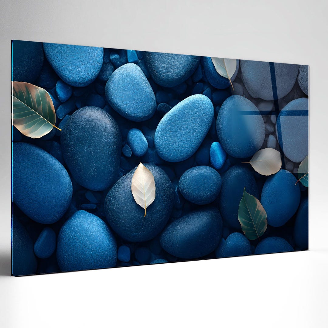 Zen Tempered Glass Wall Art: Abstract Blue Rocks, Panoramic Modern ...