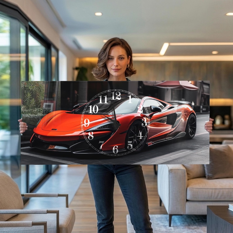 Oversized Tempered Glass Wall Clock – Red Racing Car Speed Art – Modern ...