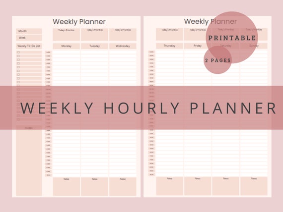 Printable Weekly Planner Hourly Planner Week on 2 Pages - Etsy