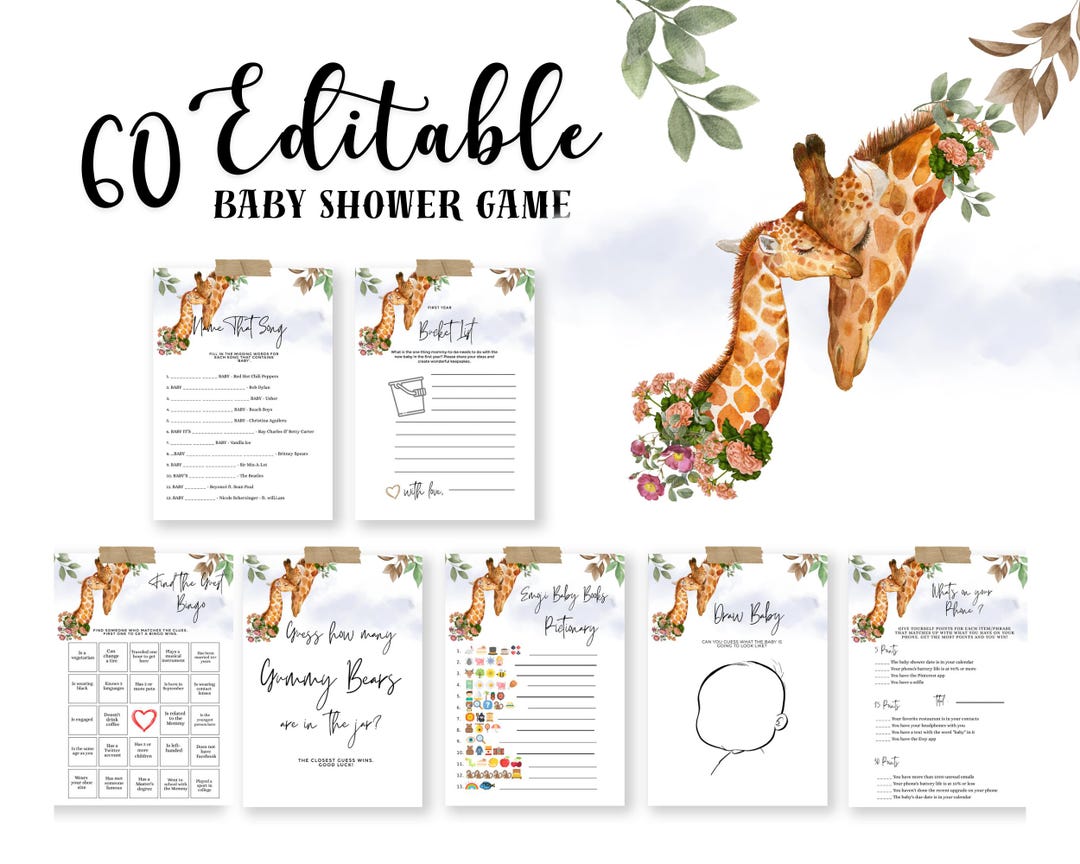 Giraffe Baby Shower Game Set, Mother & Baby Giraffe Editable Game ...