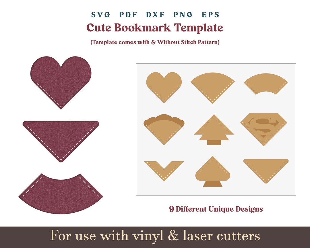 Cute Leather Bookmarks Template Svg, Heart Bookmark Svg, 9 Set Bookmark ...