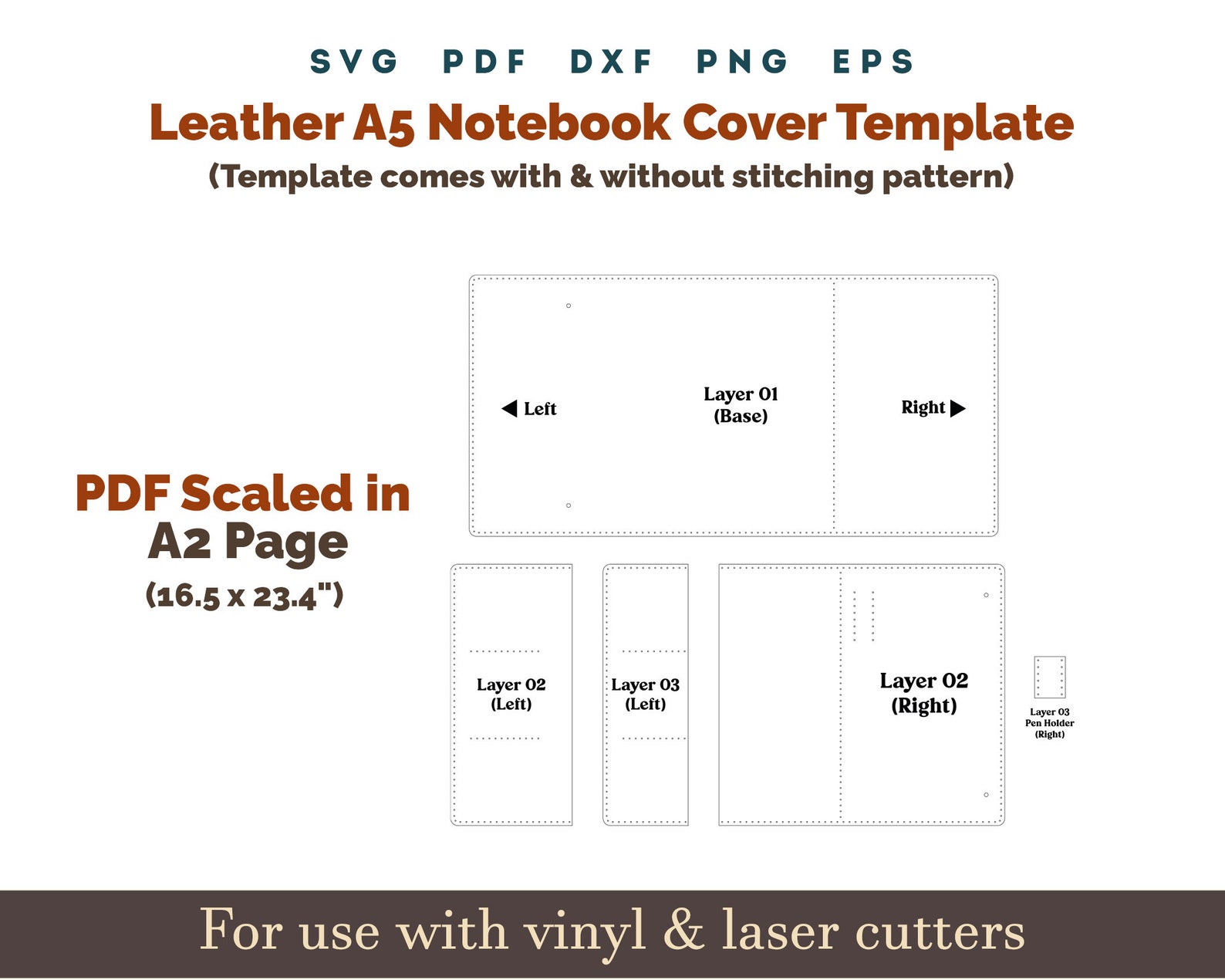Leather Journal SVG Template, A5 Leather Notebook Cover PDF Pattern ...