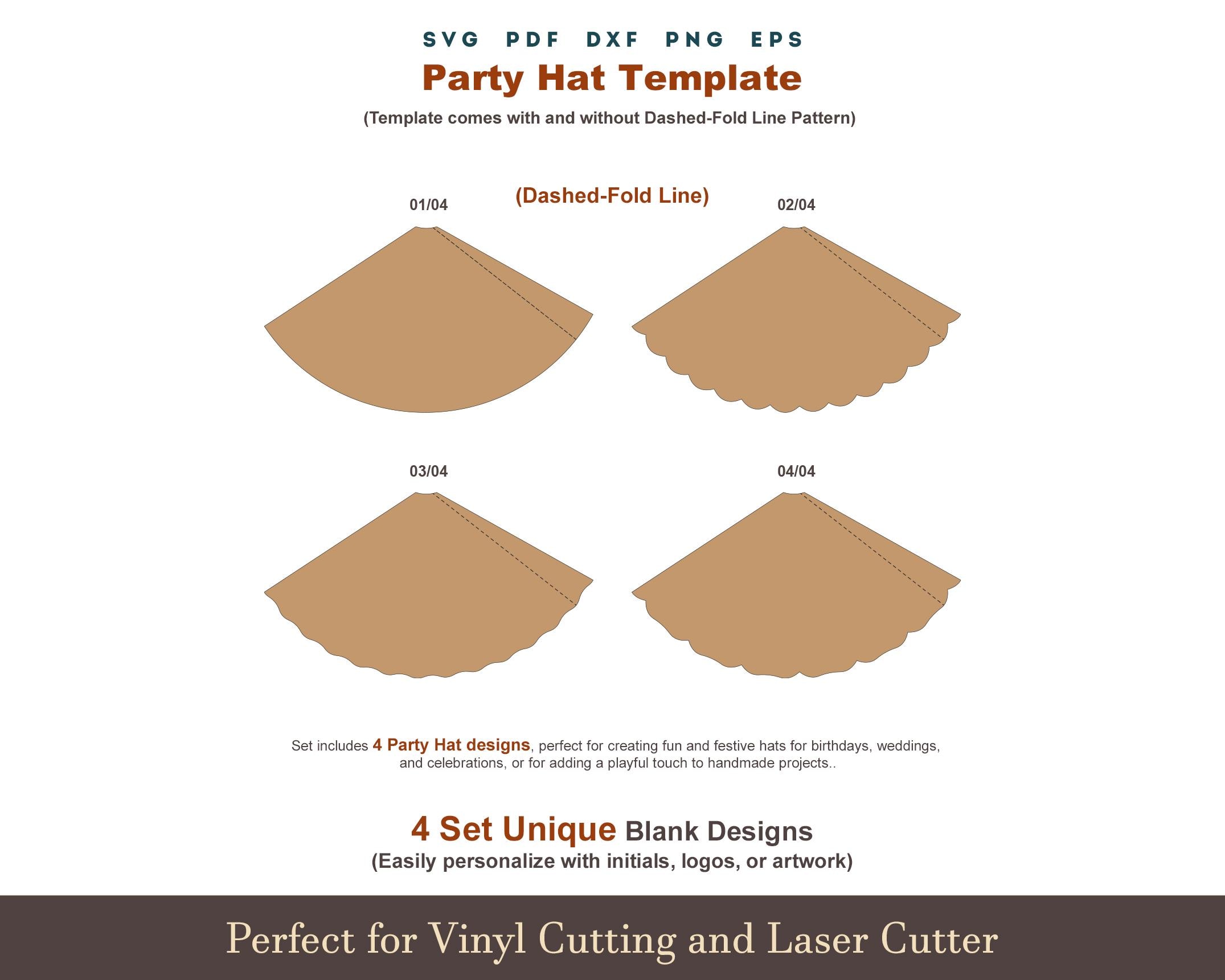 Party Hat SVG Template, 4 Set Birthday Hat SVG Pattern, Blank Paper ...