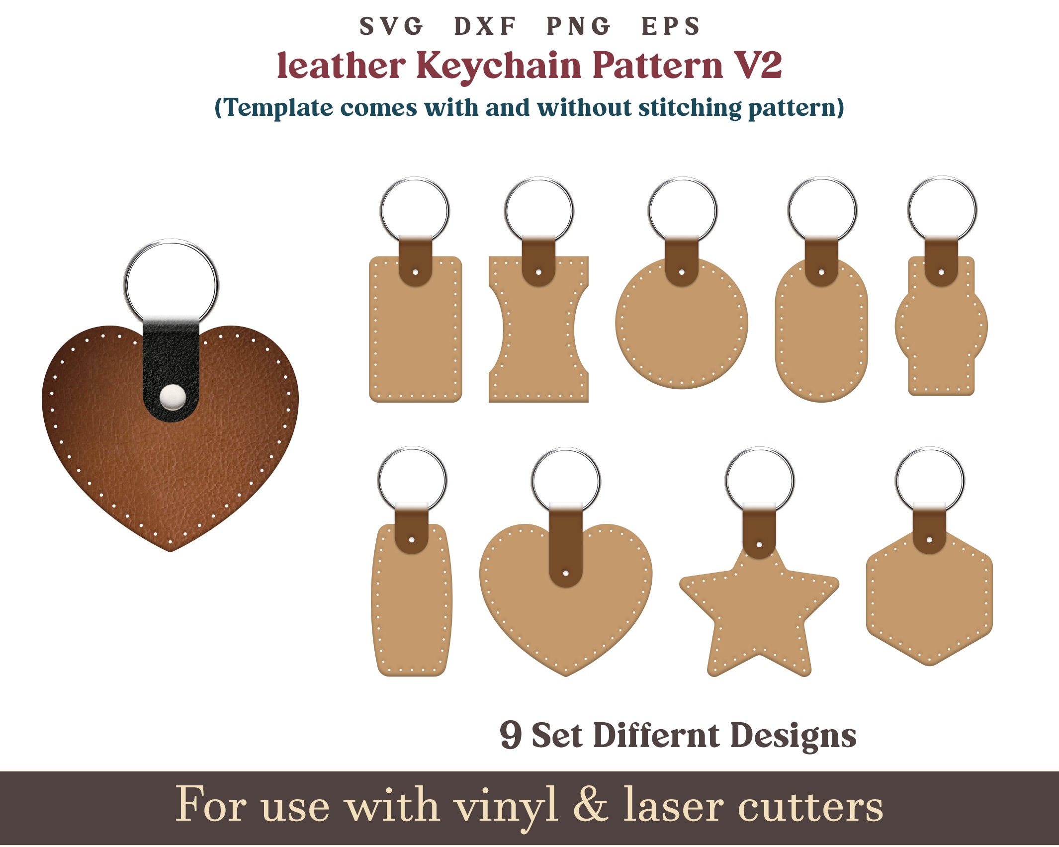Leather Keychain Pattern SVG 9 Set Leather Keychain Key Fob - Etsy