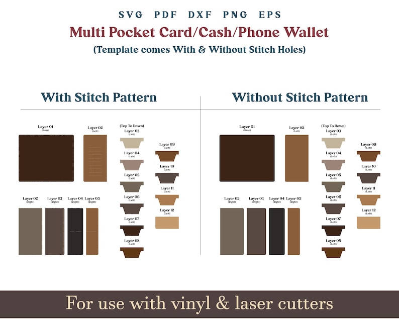 Leather Laser Cut Wallet Svg, PDF Multi Pocket Vertical Wallet Template ...