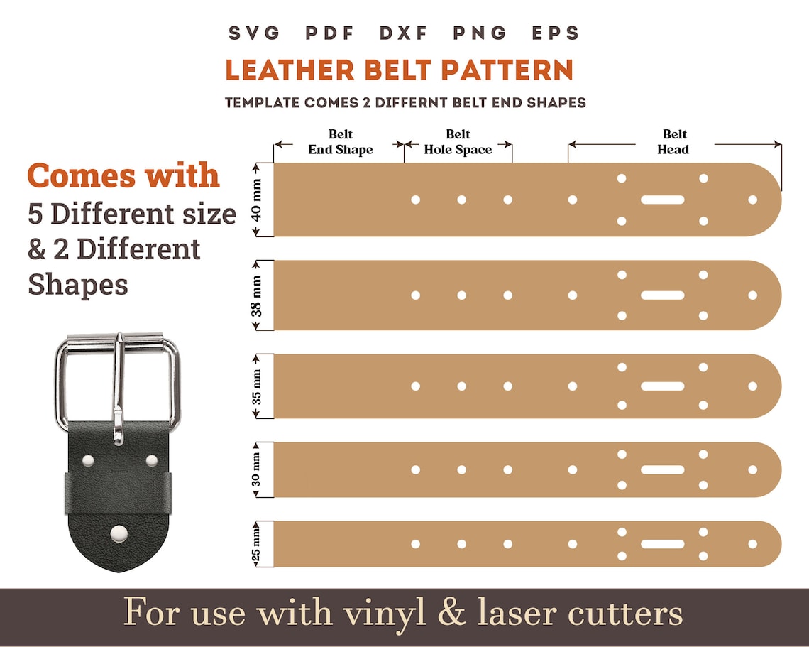 Leather Belt PDF Pattern Svg 5 Different Size Belt End Template SVG ...