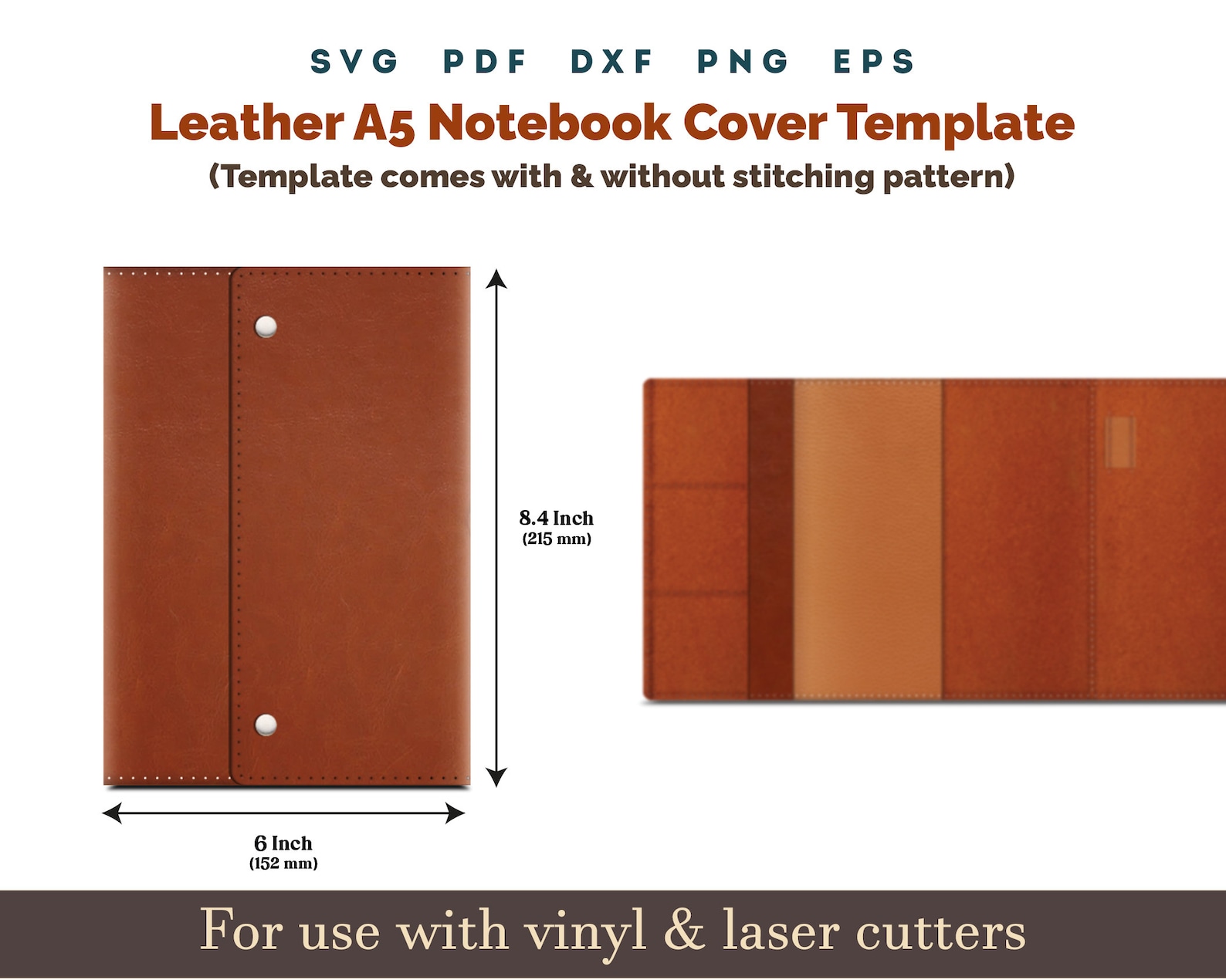 Leather Journal SVG Template, A5 Leather Notebook Cover PDF Pattern ...