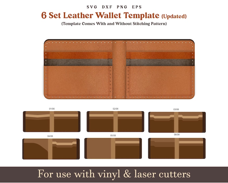 Leather Laser Cut Wallets Svg, 9 Pocket Bifold 6 Set Wallet Svg Pattern ...