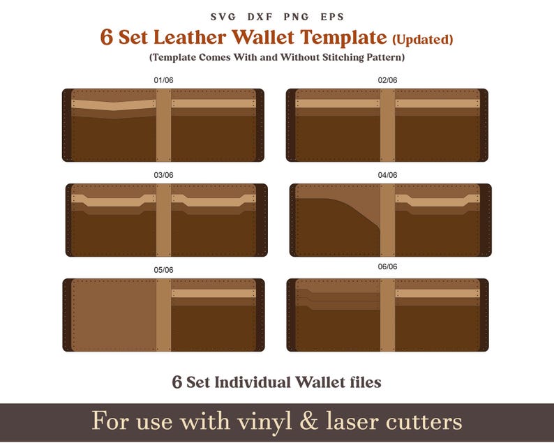 Leather Laser Cut Wallets Svg, 9 Pocket Bifold 6 Set Wallet Svg Pattern ...