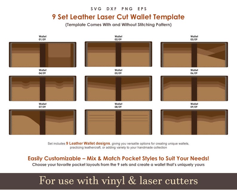 Leather Wallet SVG Templates, 9 Set Bi-fold Wallet Patterns With Sewing ...