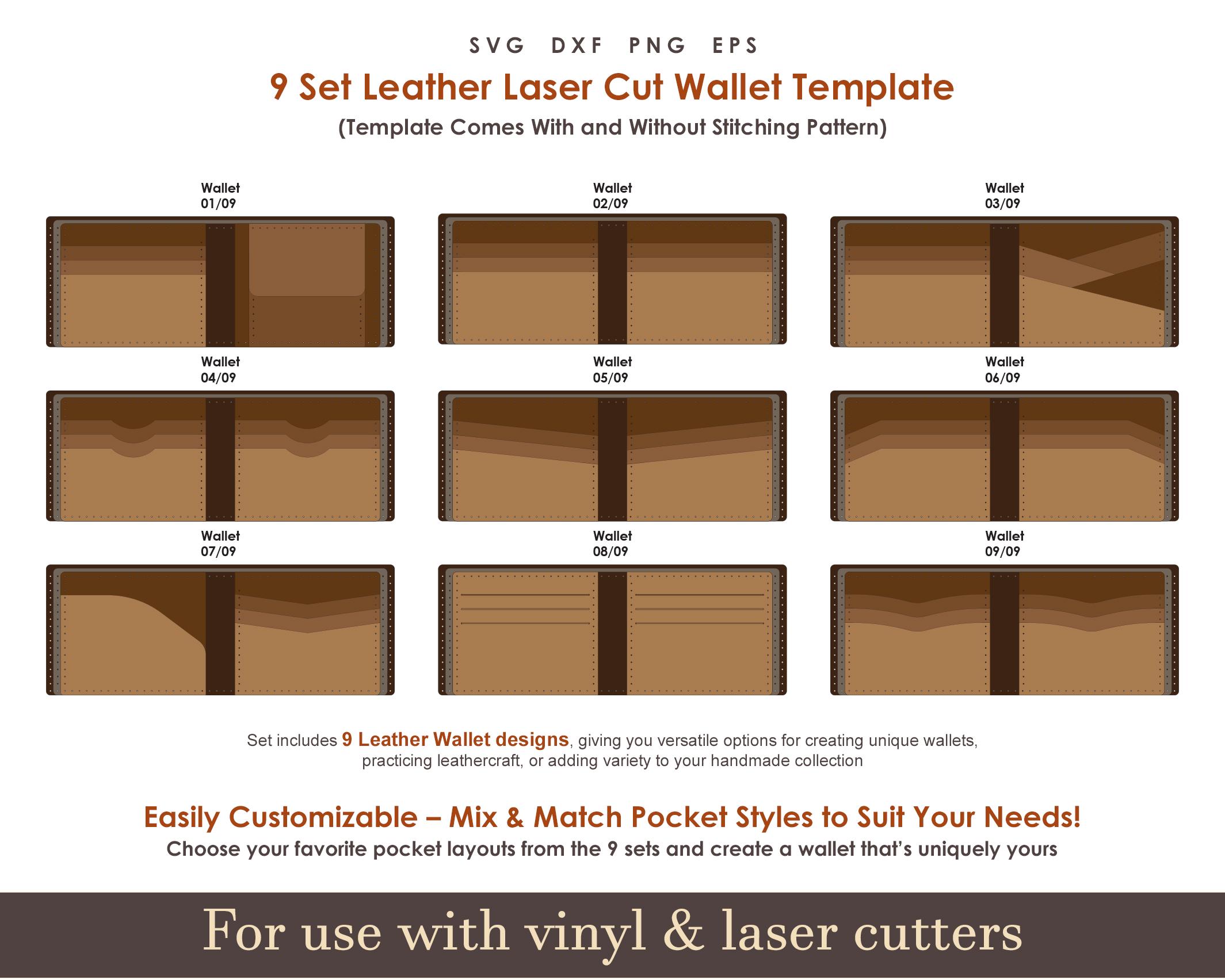 Leather Wallet SVG Templates, 9 Set Bi-fold Wallet Patterns With Sewing ...